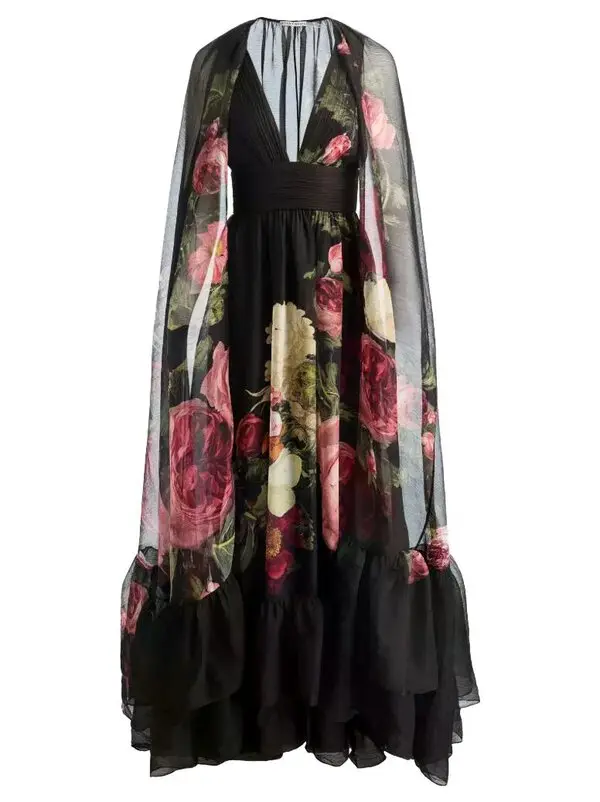 Alice + Olivia Roya Floral-print Cape-sleeve Maxi Dress - Black