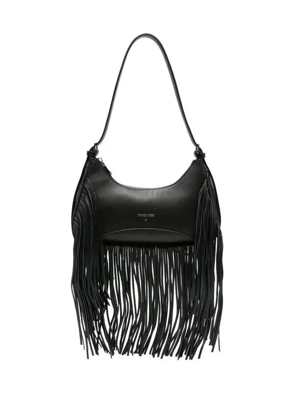 Patrizia Pepe Fringe Detail Leather Shoulder Bag - Black