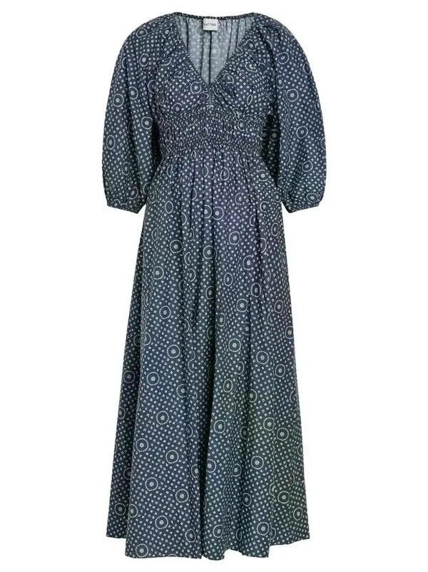 Matteau Geometric Print Shirred Midi Dress - Blue