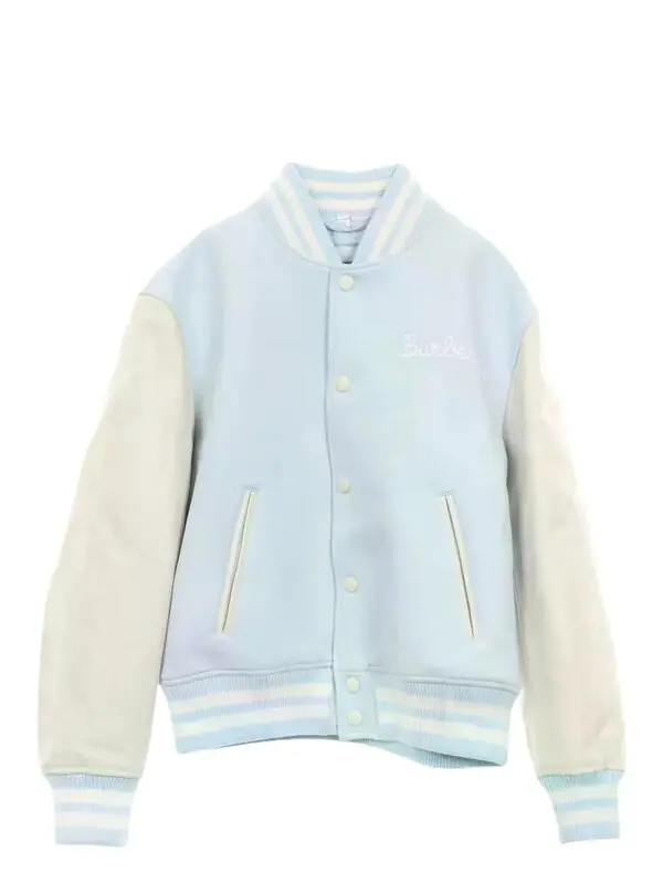 Burberry Logo Embroidered Leather Bomber Jacket - Blue
