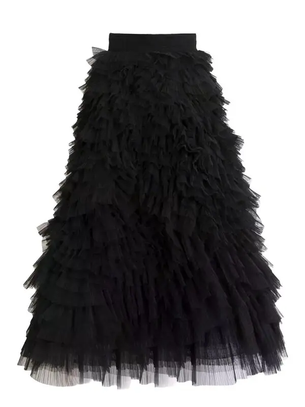 GEMY MAALOUF Tiered Ruffled Tulle Midi Skirt - Black