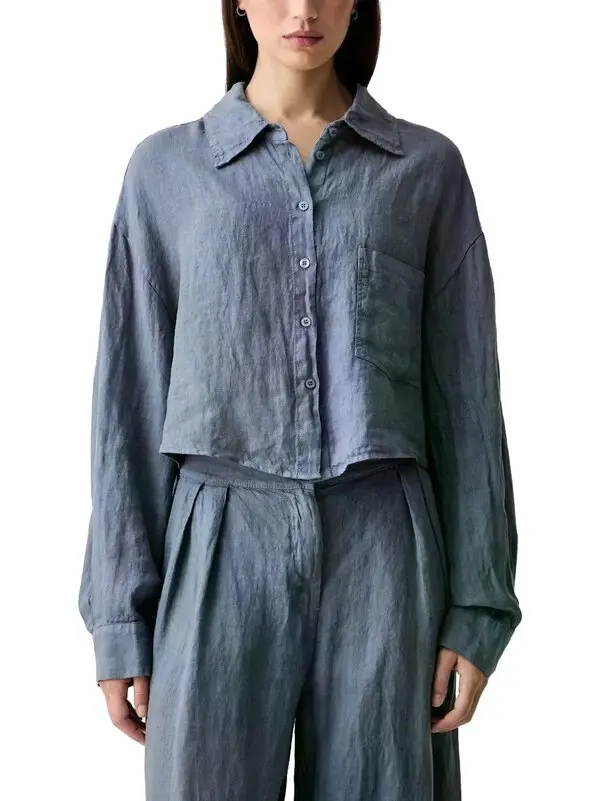 VICOLO Cropped Button-down Linen Shirt - Blue