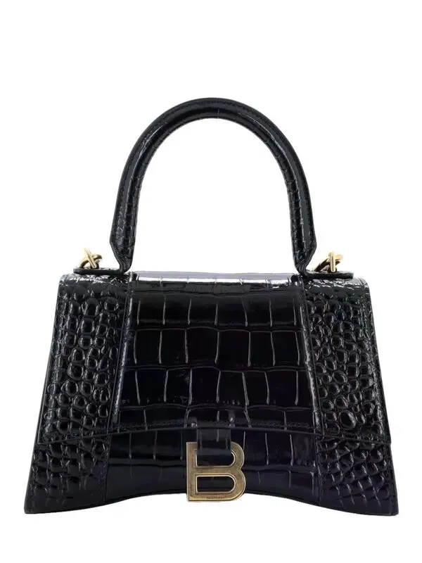 Balenciaga Hourglass Top Handle Bag Crocodile Embossed Leather Xs Satchel - Black