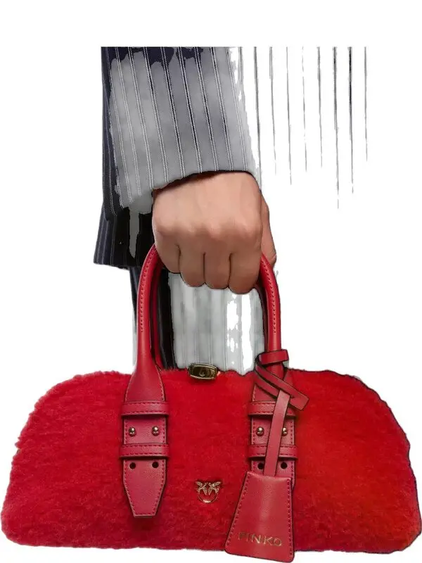 Pinko Faux-shearling Tote Bag With Love Birds Detail - Red