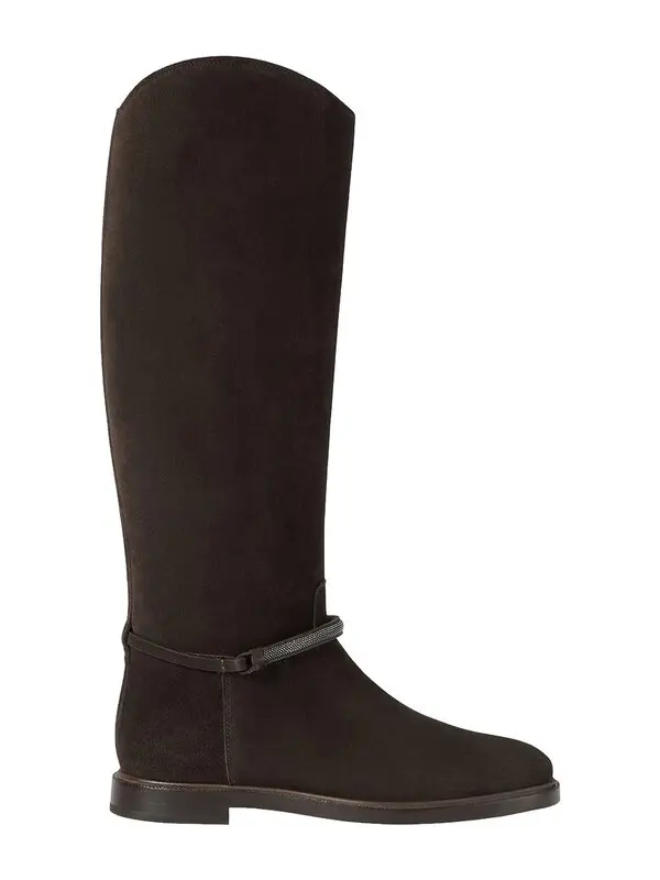 Brunello Cucinelli Suede Boots With Embellished Strap - Brown