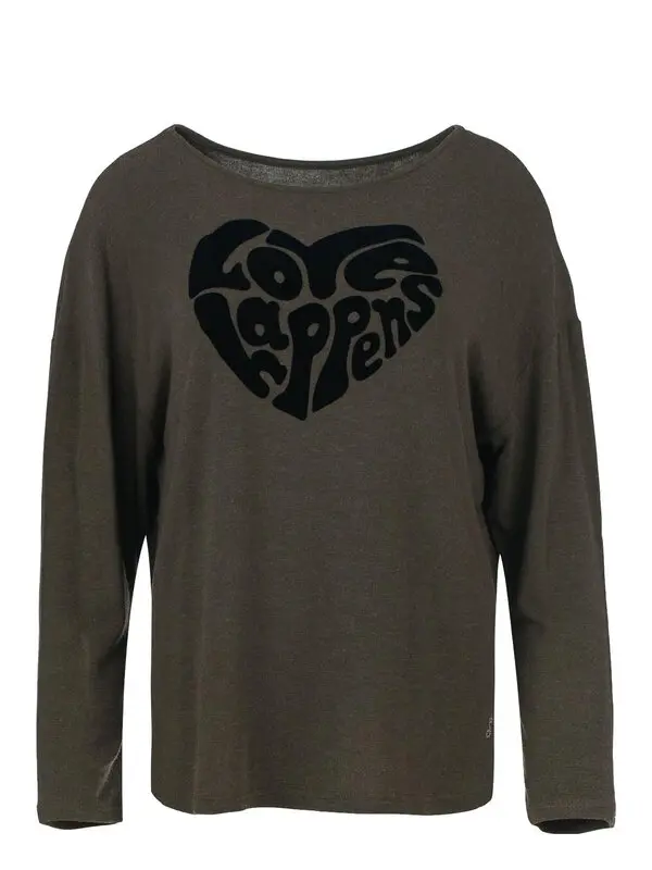 CONQUISTA Wool Blend Batwing Sleeve Top With Flock Motif And Rhinestone Embellishments - Brown