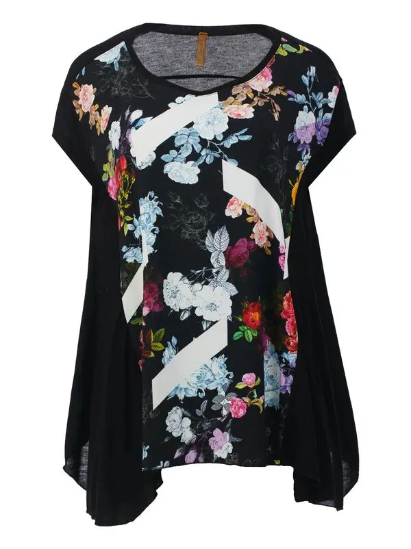 CONQUISTA Floral Print Oversized Top - Black