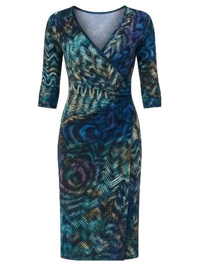 CONQUISTA Print Crossover Dress With ¾ Sleeves - Blue
