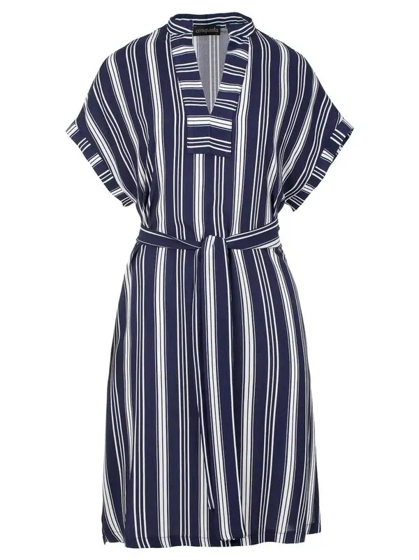 CONQUISTA Striped Sleeveless Midi Dress With Mandarin Collar And Belt - Blue