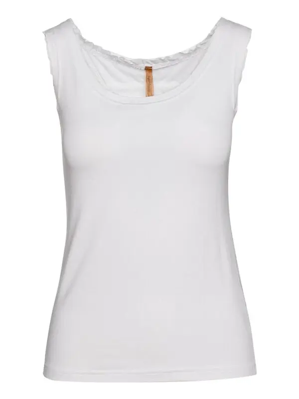 CONQUISTA Sleeveless Scoop Neck Top With Raw Edge Frills - White