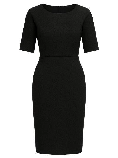 CONQUISTA Straight Elbow Sleeve Dress With Brocade Floral Pattern - Black