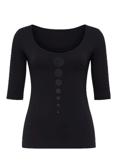 CONQUISTA Faux Leather Detail Top With V-neck And Half Sleeves - Black