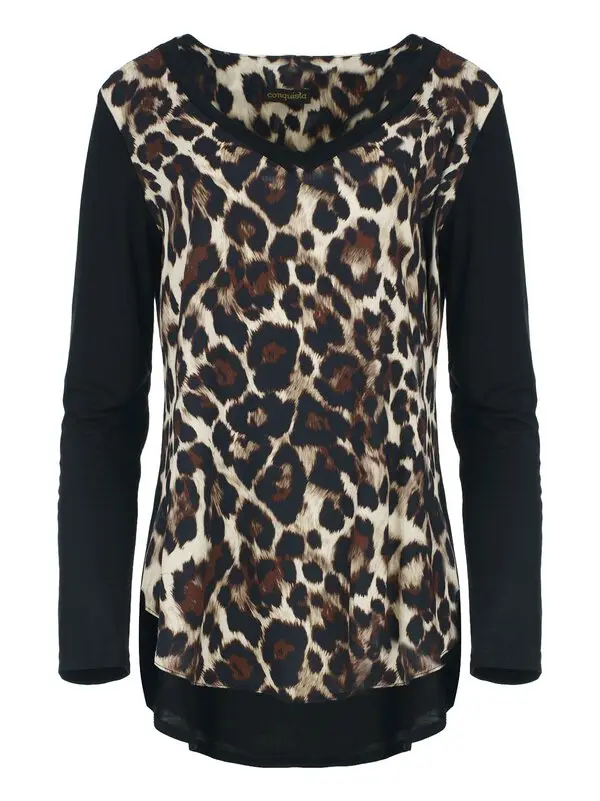 CONQUISTA Animal Print Mixed Media V-neck Top - Black