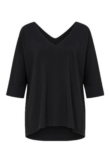 CONQUISTA Loose Fit V-neck Top With 3/4 Sleeves - Black