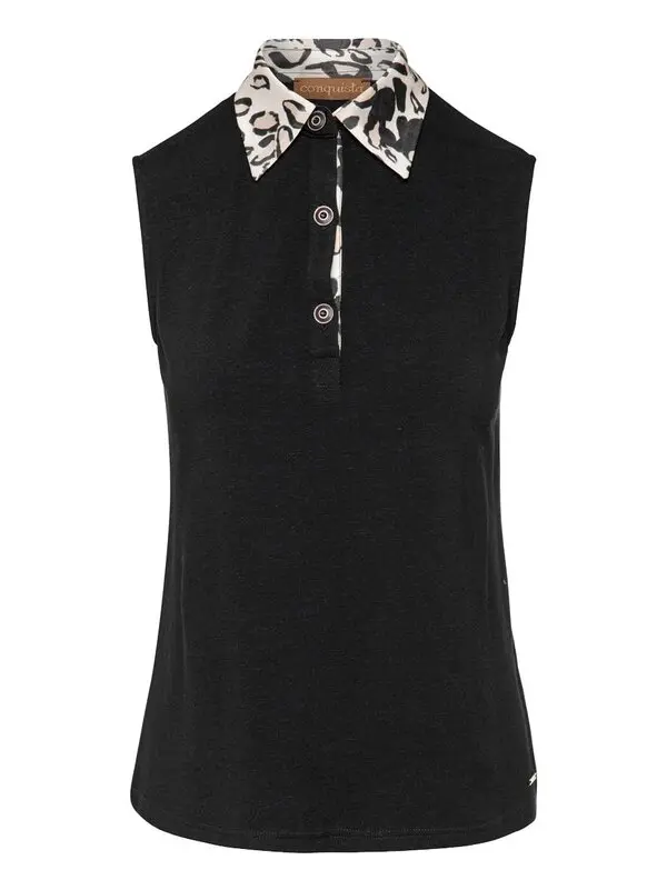 CONQUISTA Sleeveless Silk Blend Polo Top - Black