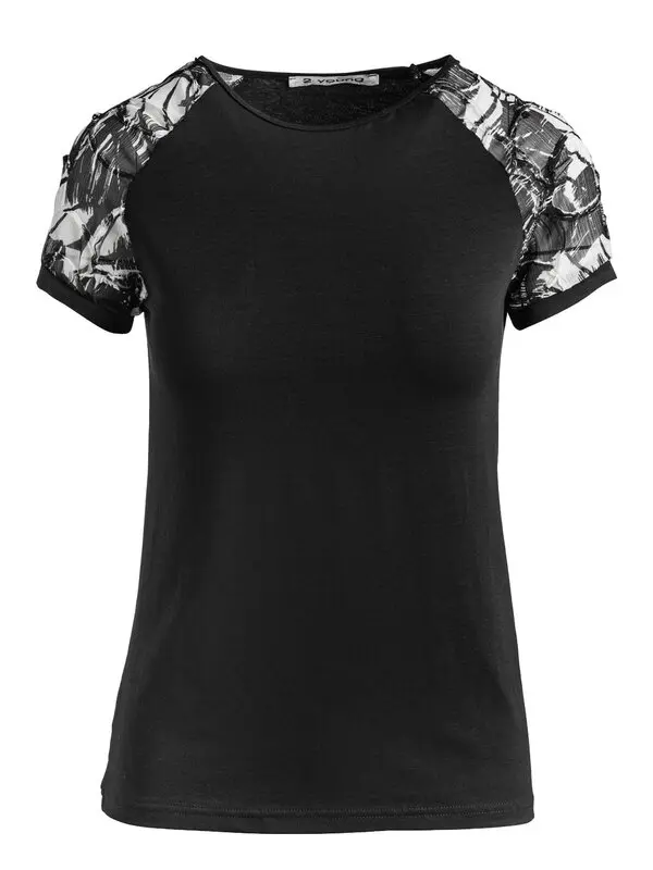 CONQUISTA Stretch Jersey Top With Net Jacquard Sleeves - Black