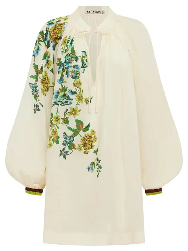 ALEMAIS Deep V Tie Neck Dress With Balloon Raglan Sleeves And Toggle Belt - Bianco