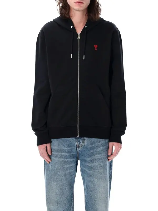 AMI Paris Loopback Organic Cotton Zip-up Hoodie With Logo Embroidery - Nero