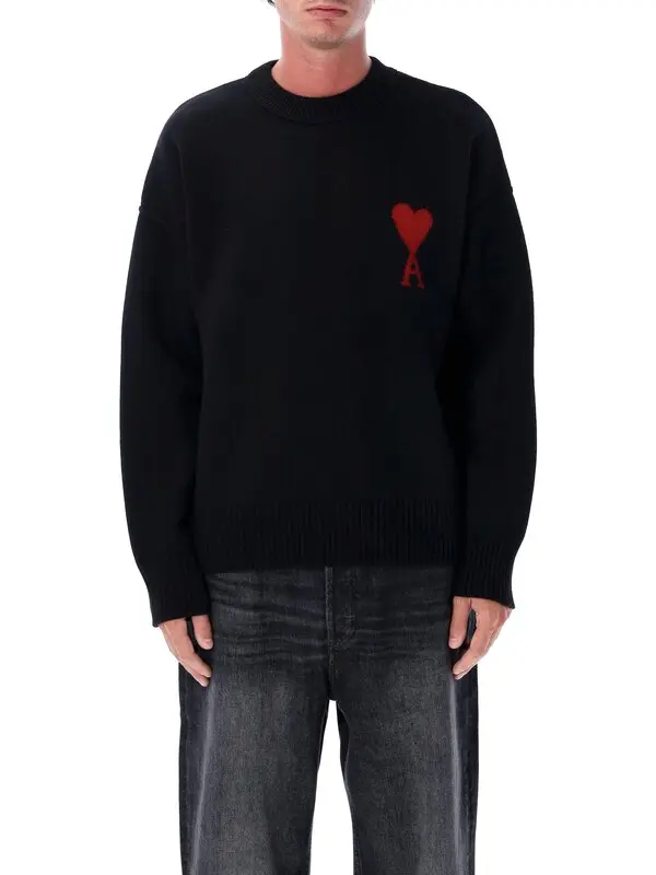 AMI Paris Wool Crewneck Sweater With Intarsia Heart - Nero
