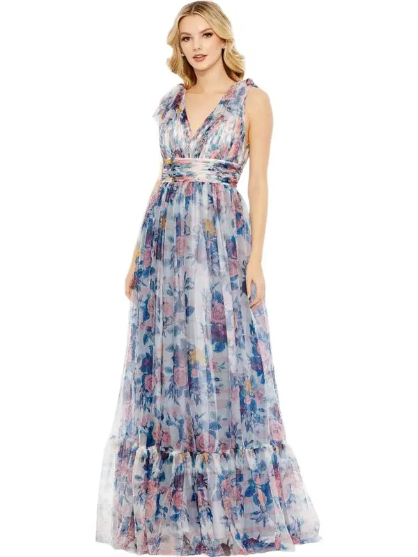 Mac Duggal Floral Print Soft Tie Gown - Blue Multi
