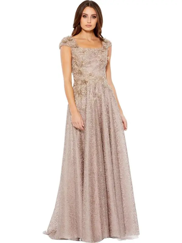 Mac Duggal Embellished Square Neck Cap Sleeve Gown - Mocha