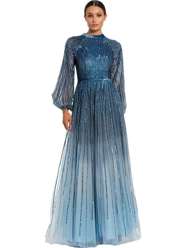 Mac Duggal Petite Ombré Sequin Long Sleeve A-line Evening Gown - Blue