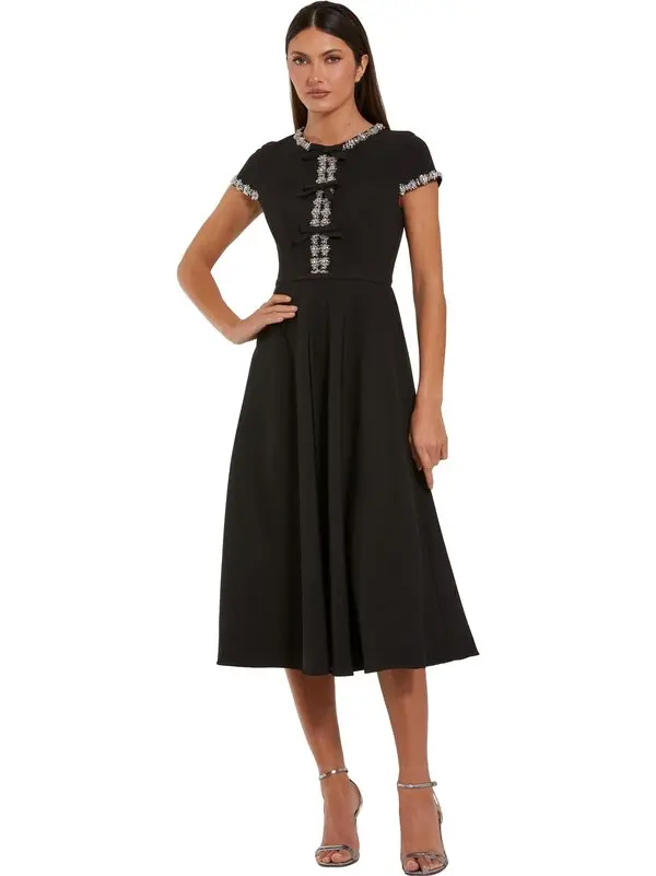 Mac Duggal Embellished Crepe Cap Sleeve Midi Dress - Black