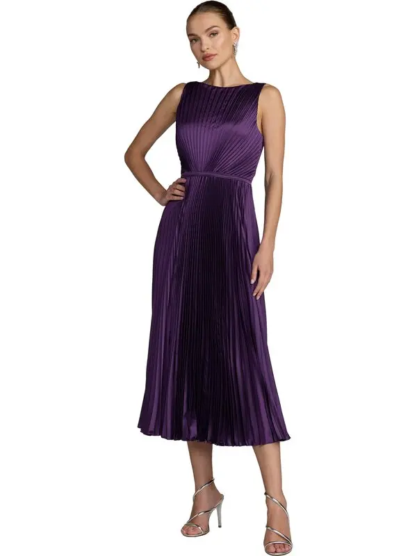 Mac Duggal Sleeveless High Neck Pleated Midi Dress - Purple
