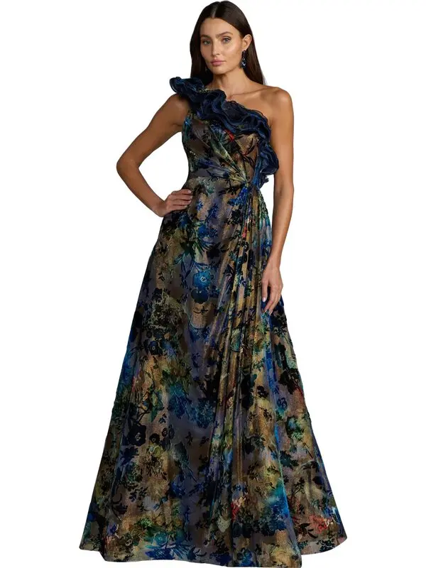 Mac Duggal One Shoulder Burnout Velvet Gown - Black Multi