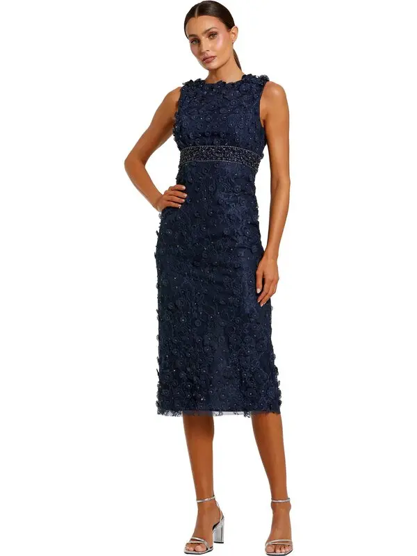 Mac Duggal Sleeveless Floral Applique Midi Dress - Navy