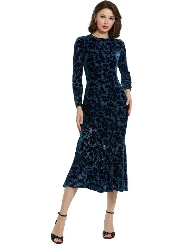 Mac Duggal Burnout Velvet Long Sleeve High Neck Midi Dress - Blue