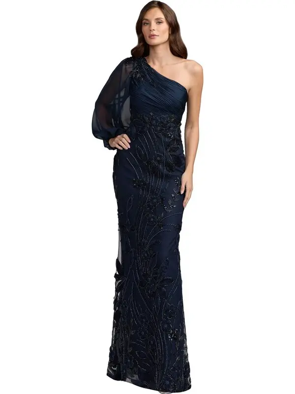 Mac Duggal Embellished One-sleeve Chiffon Gown - Navy