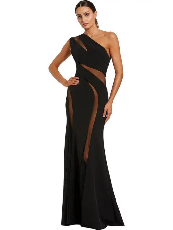Mac Duggal One-shoulder Crepe Gown With Illusion Cutouts - Black