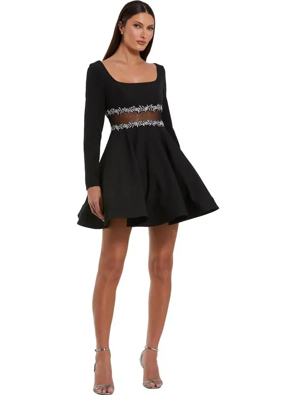 Mac Duggal Long Sleeve Jewel Embellished Crepe Mini Dress - Black