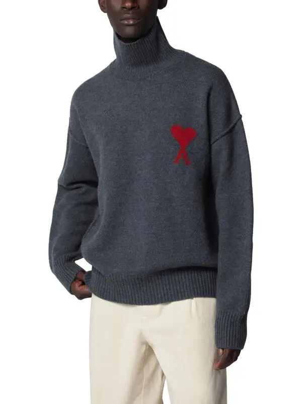 AMI Paris Wool Turtleneck Sweater With De Coeur Logo - Grey