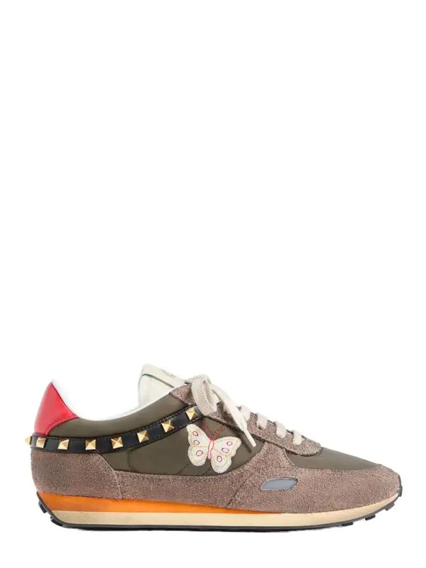 Valentino Garavani Studded Butterfly Embroidered Sneakers - Olive Green/multicolour