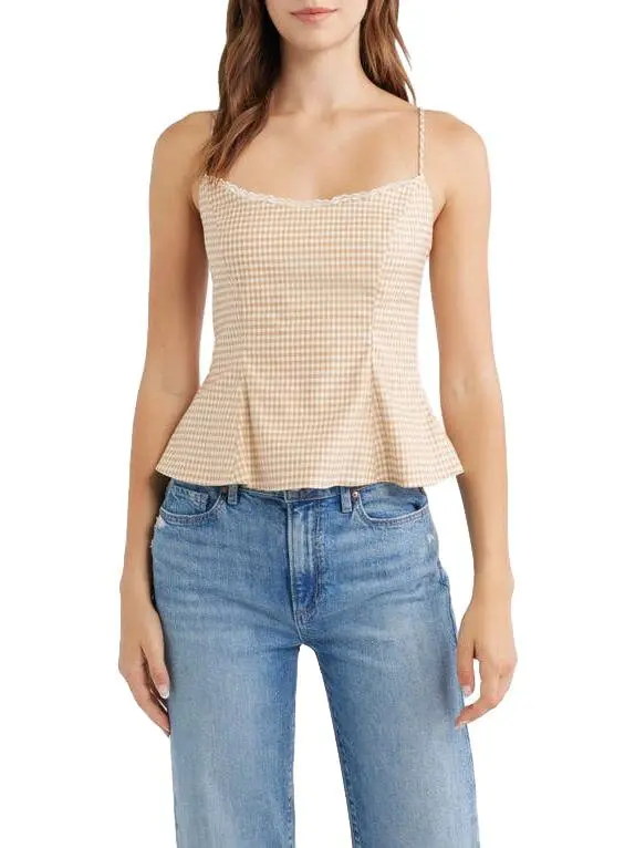 REFORMATION Genevieve Gingham Peplum Top With Lace Trim - Anzo Check