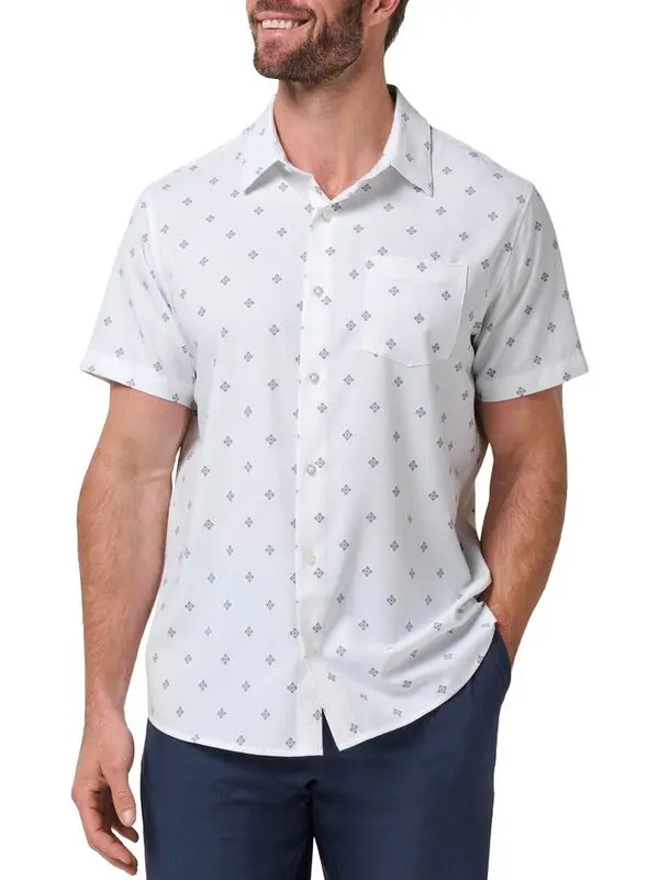 Travis Mathew Techwoven Seaside Print Short Sleeve Performance Button-up Shirt - White