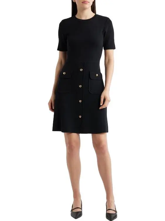 Eliza J Short Sleeve A-line Sweater Dress With Patch Pockets - Black