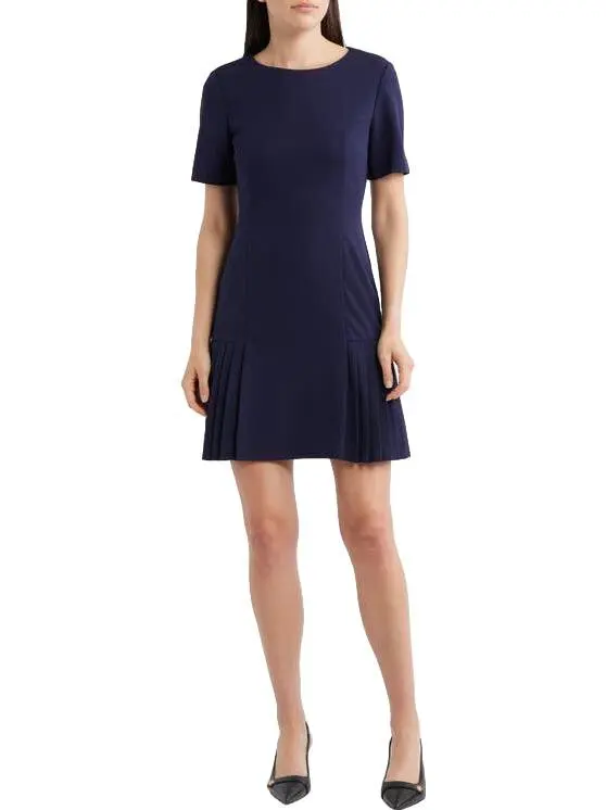 TAHARI ASL Pleated Detail Short Sleeve Dress - Navy