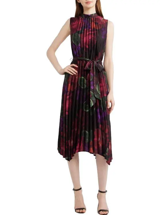 TAHARI ASL Matte Charmeuse Tie Waist Midi Dress - Black Multi