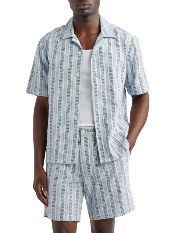 WAX LONDON Didcot Stripe Cotton Dobby Camp Shirt - Blue