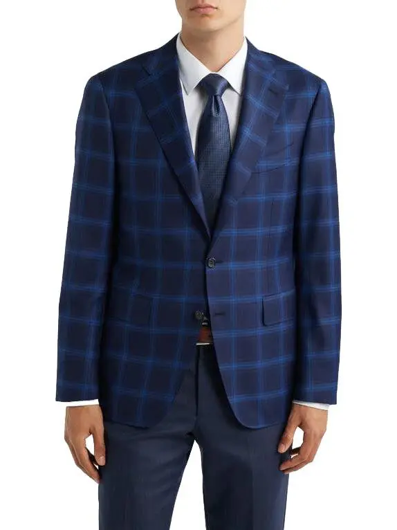 Canali Siena Regular Fit Windowpane Check Super 130s Wool Sport Coat - Navy