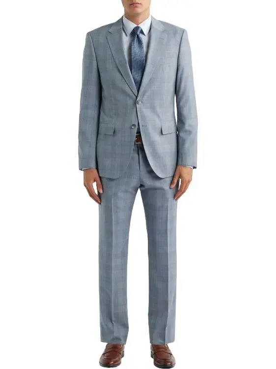BOSS Huge Slim Fit Grey Plaid Virgin Wool Suit - Blue/grey