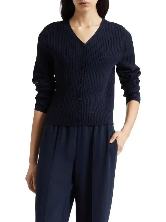 Vince Cable Stitch Merino Wool Blend V-neck Cardigan - Twilight Navy