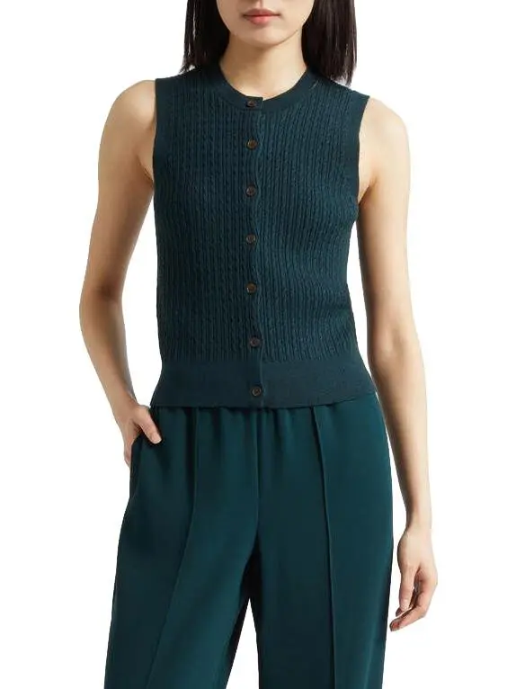 Vince Sleeveless Cable Stitch Merino Wool Blend Cardigan - Juniper