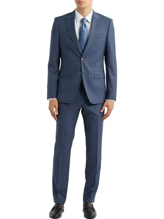 BOSS Huge Slim Fit Blue Microcheck Virgin Wool Suit - Navy