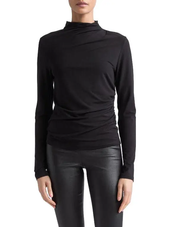 Vince Side Drape Funnel Neck Top - Black