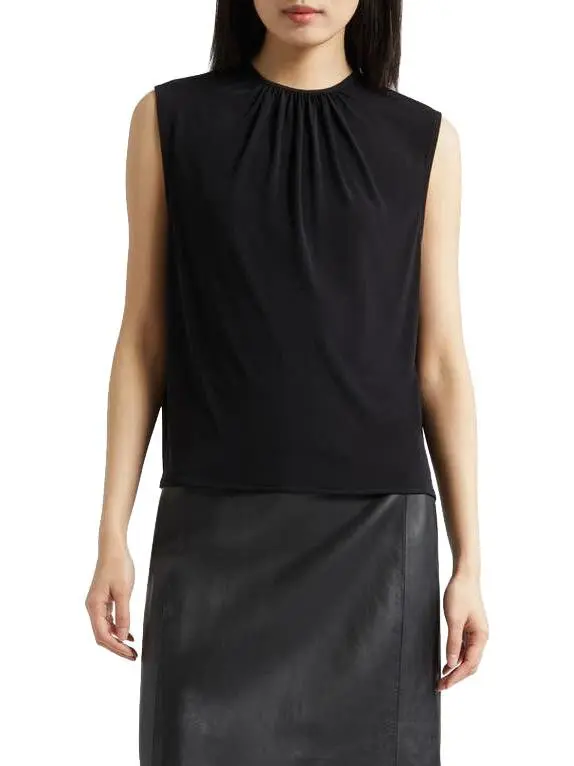 Vince Gathered Jewel Neck Sleeveless Top - Black