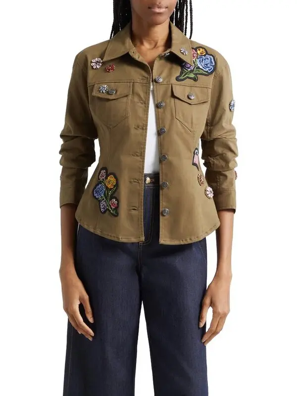 Cinq À Sept Garden Patches Embellished Stretch Twill Shirt Jacket - Dark Olive Multi